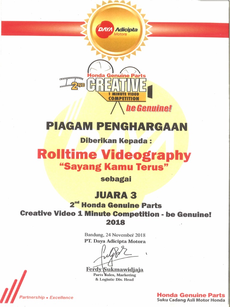 Sertifikat Honda Juara 3 Rolltime Unikom | PDF