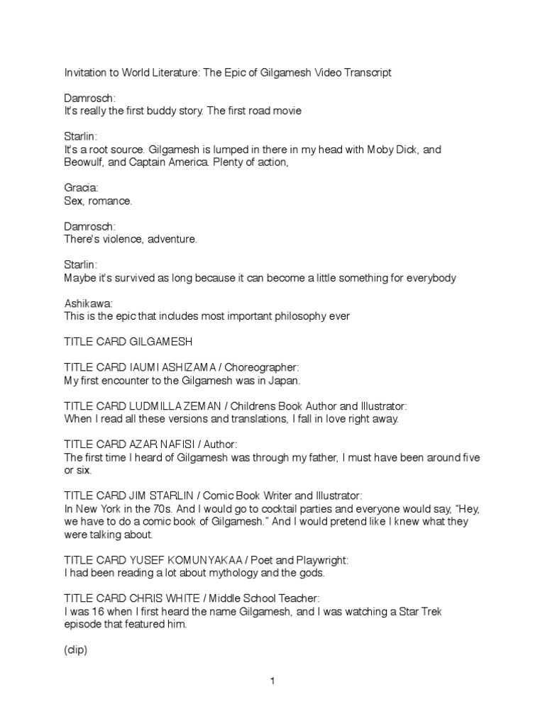 The Epic of Gilgamesh Video Transcript | PDF