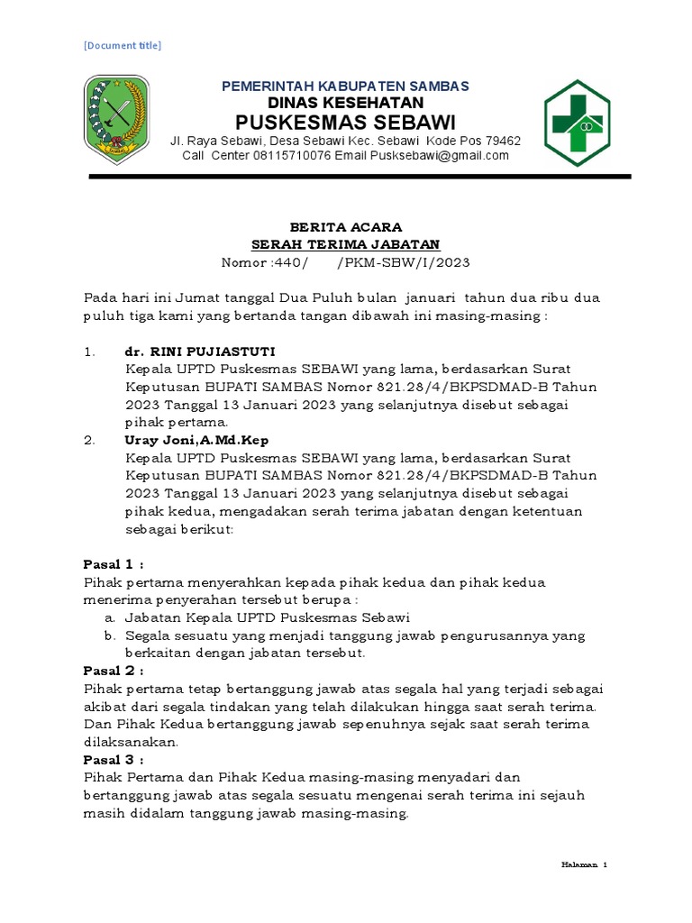 Contoh Berita Acara Serah Terima Kepala Puskesmas | PDF