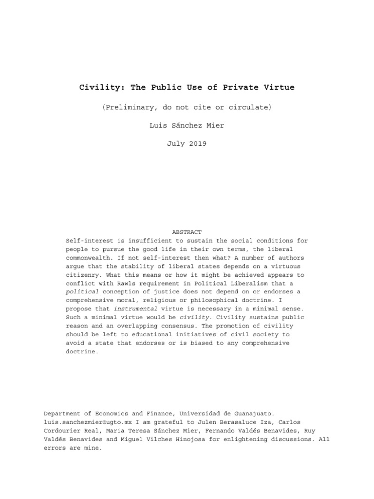 Civility - The Public Use of Private Virtue (Sabbatical Format) | PDF