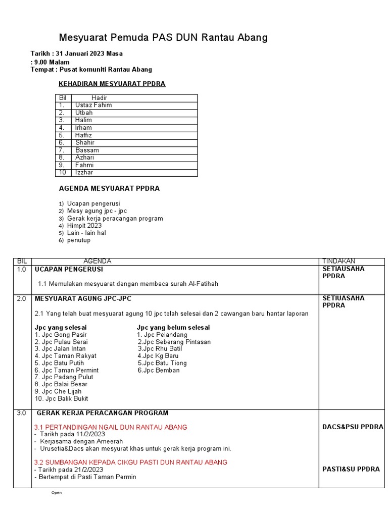 Catatan Minit Mesyuarat Ajk PPDRA | PDF