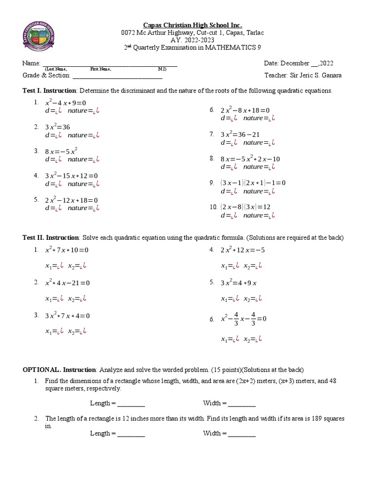 Q2 Math9 | PDF | Quadratic Equation | Area