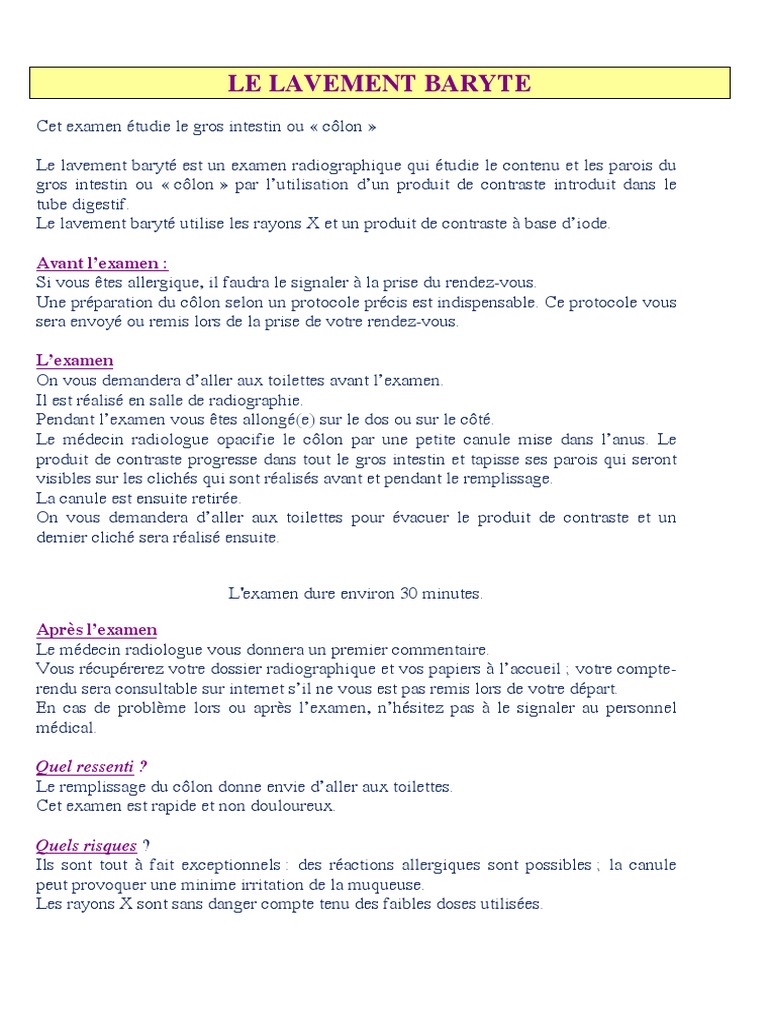 Lavement baryté : examen et préparation | PDF | Développement personnel