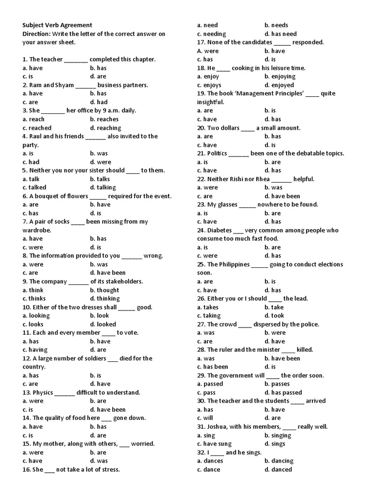 Subject Verb Agreement Multiple Choice | PDF