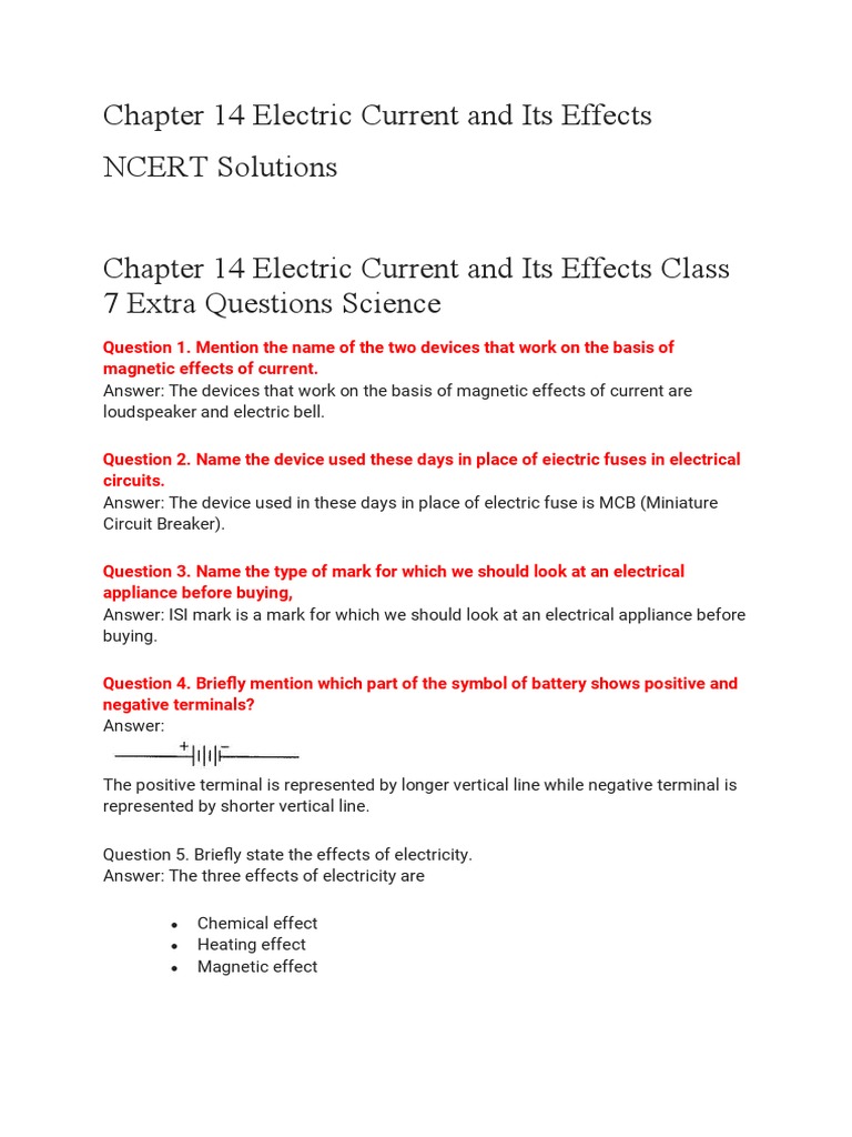 Chapter 14 Electric Current and Its Effects Class 7 Extra Questions ...