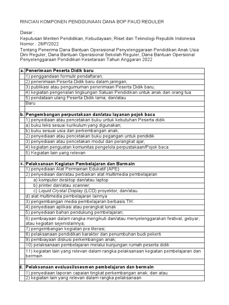 Contoh Rincian Komponen BOP PAUD 2022 RKAS | PDF