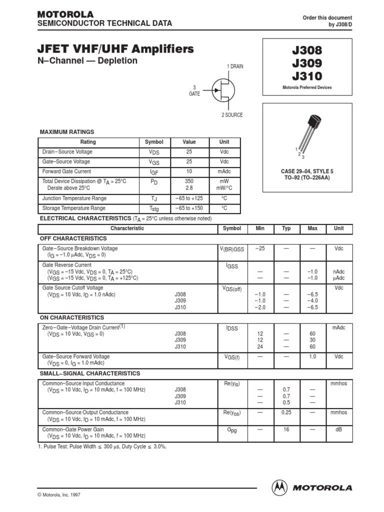 JFET VHF/UHF Amplifiers J308 J309 J310: N-Channel - Depletion | PDF | Field Effect Transistor ...