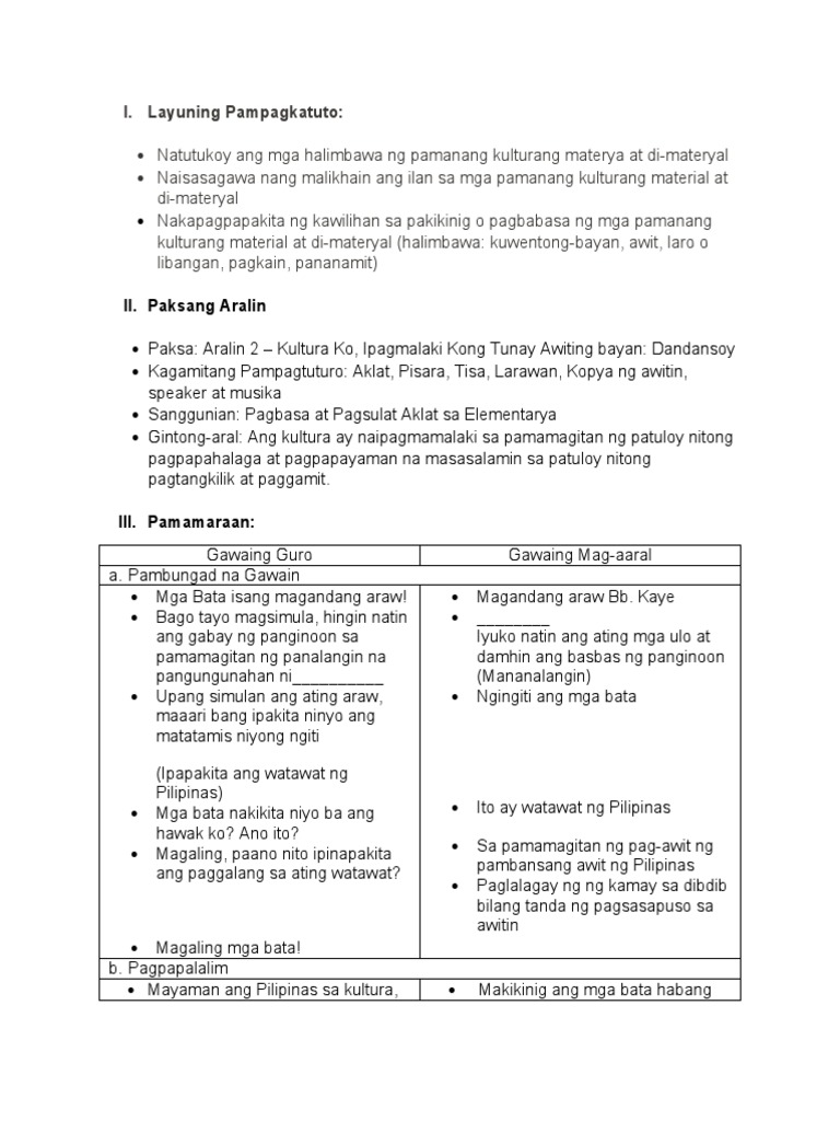 I. Layuning Pampagkatuto:: II. Paksang Aralin | PDF