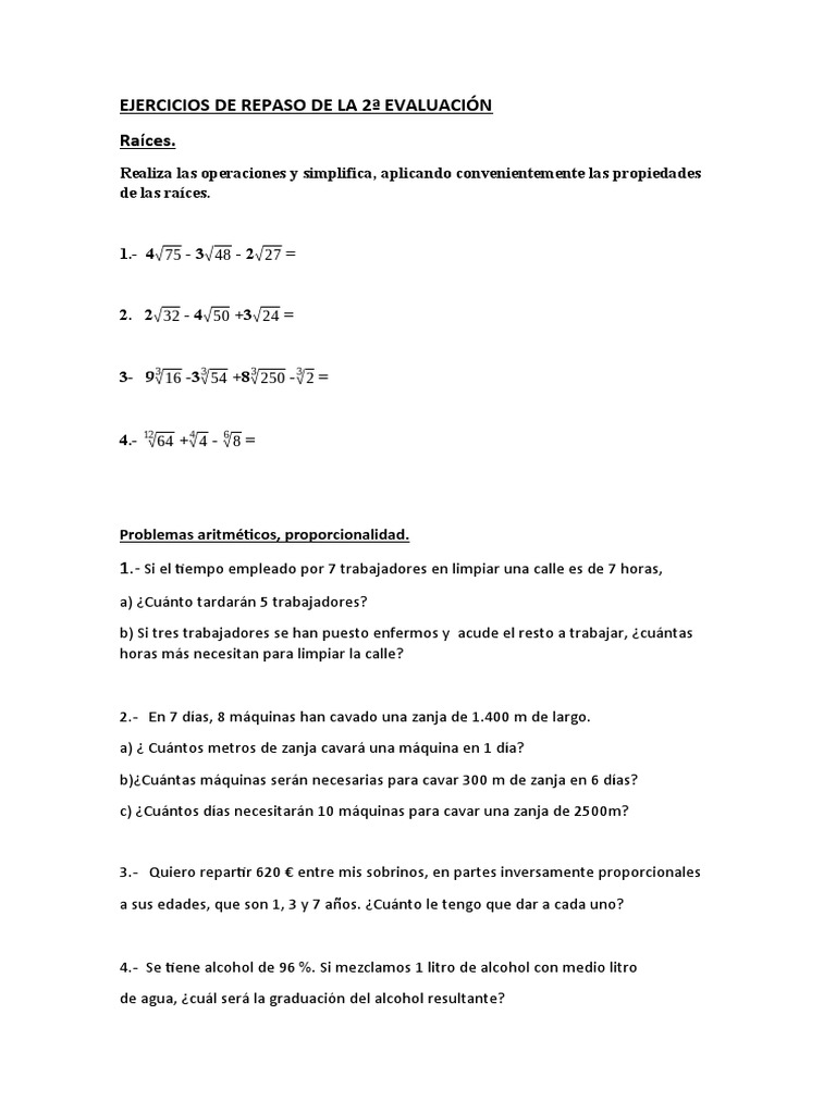 Ejercicios de Repaso de La 2 Evaluación | PDF | Matemáticas