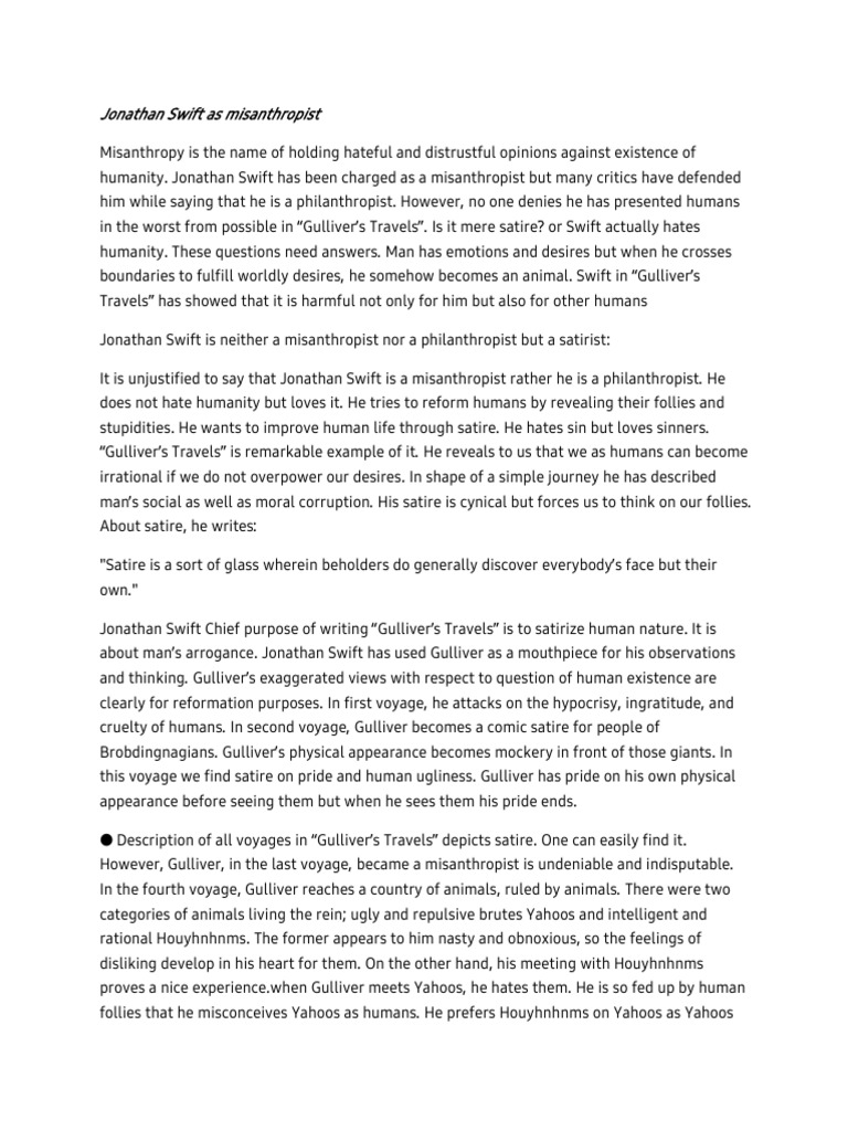 Jonathan Swift As Misanthropist | PDF | Gulliver's Travels | Satire