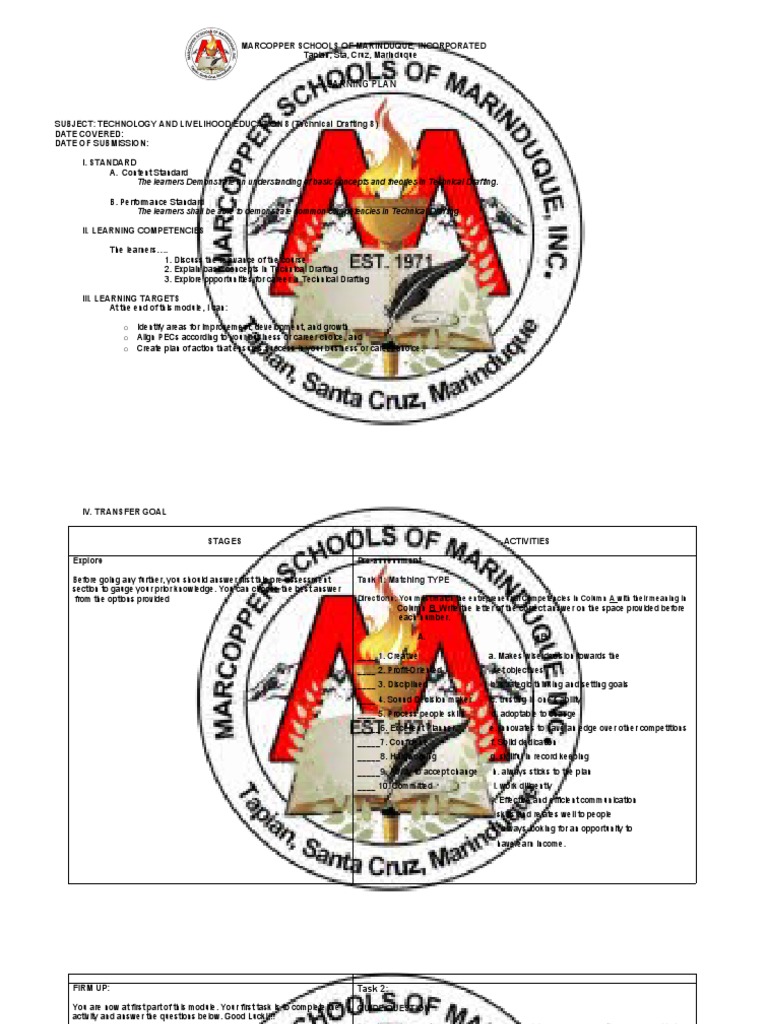 LEARNING PLAN Technical Drafting 8 | PDF | Entrepreneurship | Learning