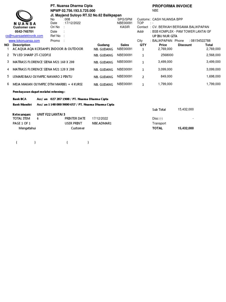 Proforma Invoice CV Berkah Bersama f22 LT 3 | PDF | Accounting