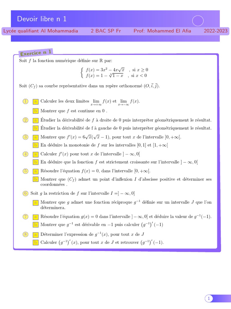 Devoir 1 Math 2 Bac PC avec Correction | PDF | Fonction (Mathématiques ...