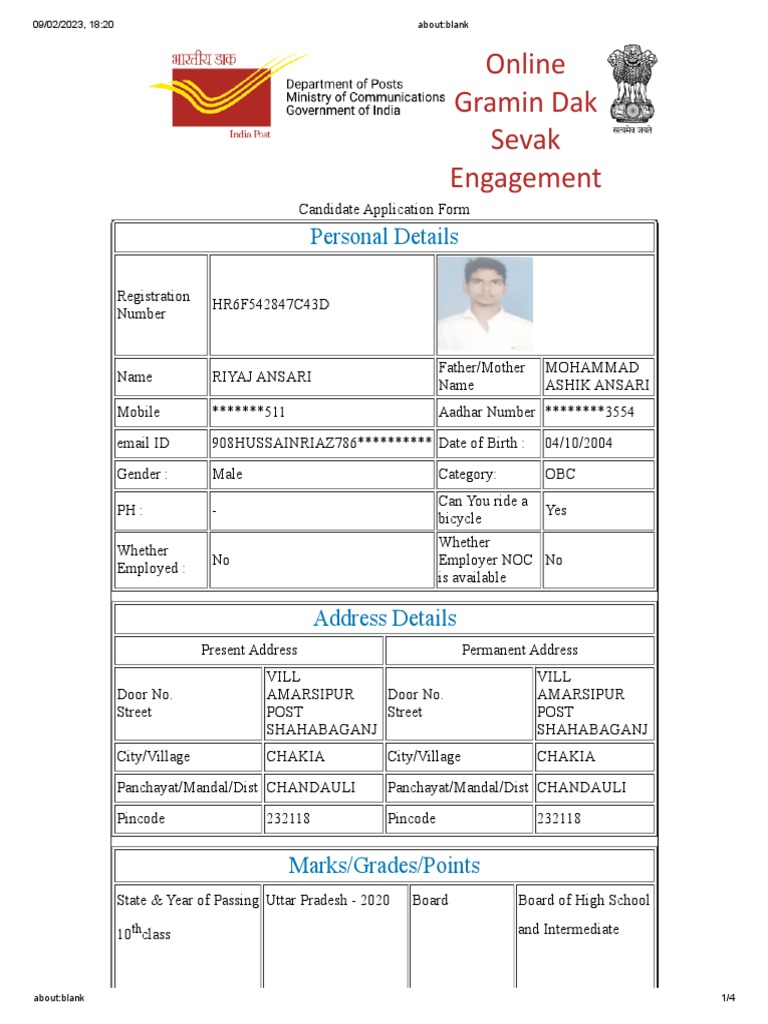 Online Gramin Dak Sevak Application Form | PDF | Government