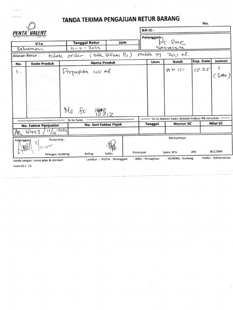 Form Retur Dan Pengembalian Barang Ke Distributor | PDF