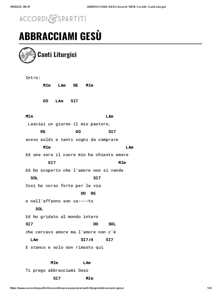 ABBRACCIAMI GESÙ Accordi 100% Corretti - Canti Liturgici | PDF