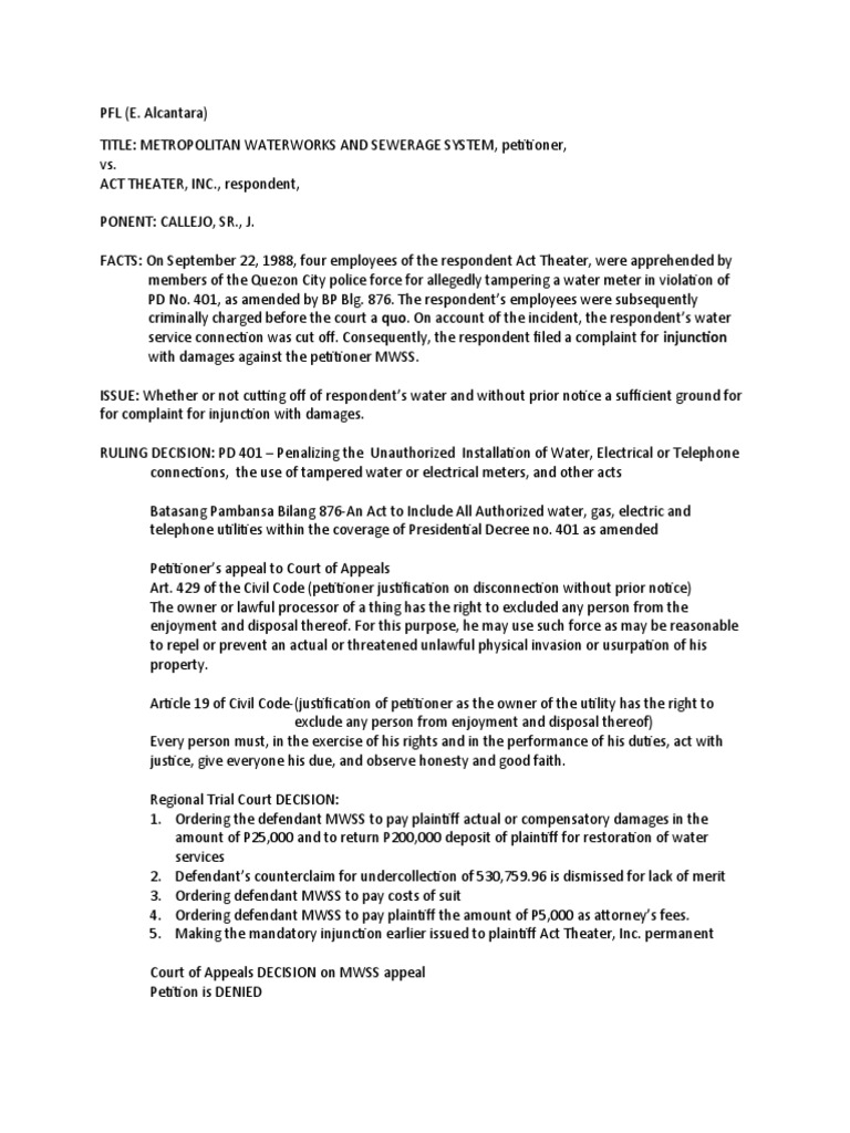 7 MWSS Vs ACT THEATER INC. | PDF | Complaint | Lawsuit