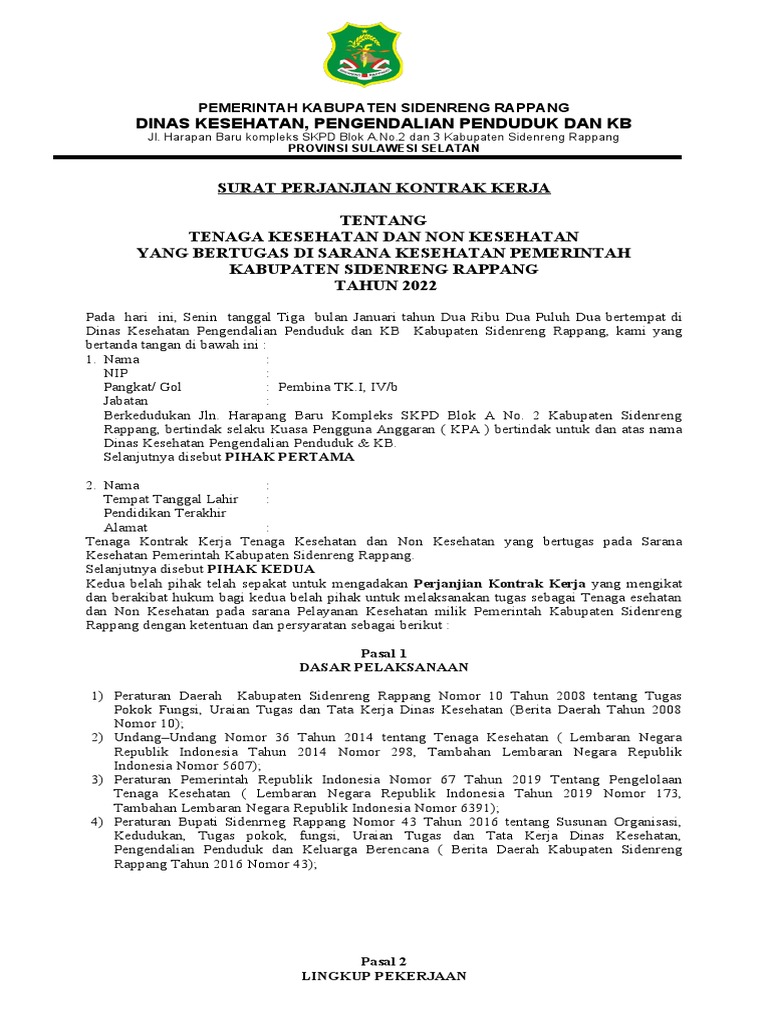 Contoh SK Perjanjian Kontrak Kerja 2022 | PDF