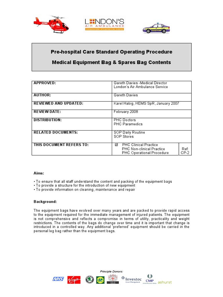 Prehospital Care Standard Operating Procedure Medical Equipment Bag and ...