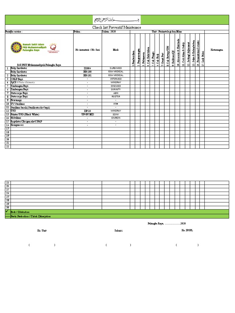 Checlist Maintenance Preventif (Perinatologi) | PDF