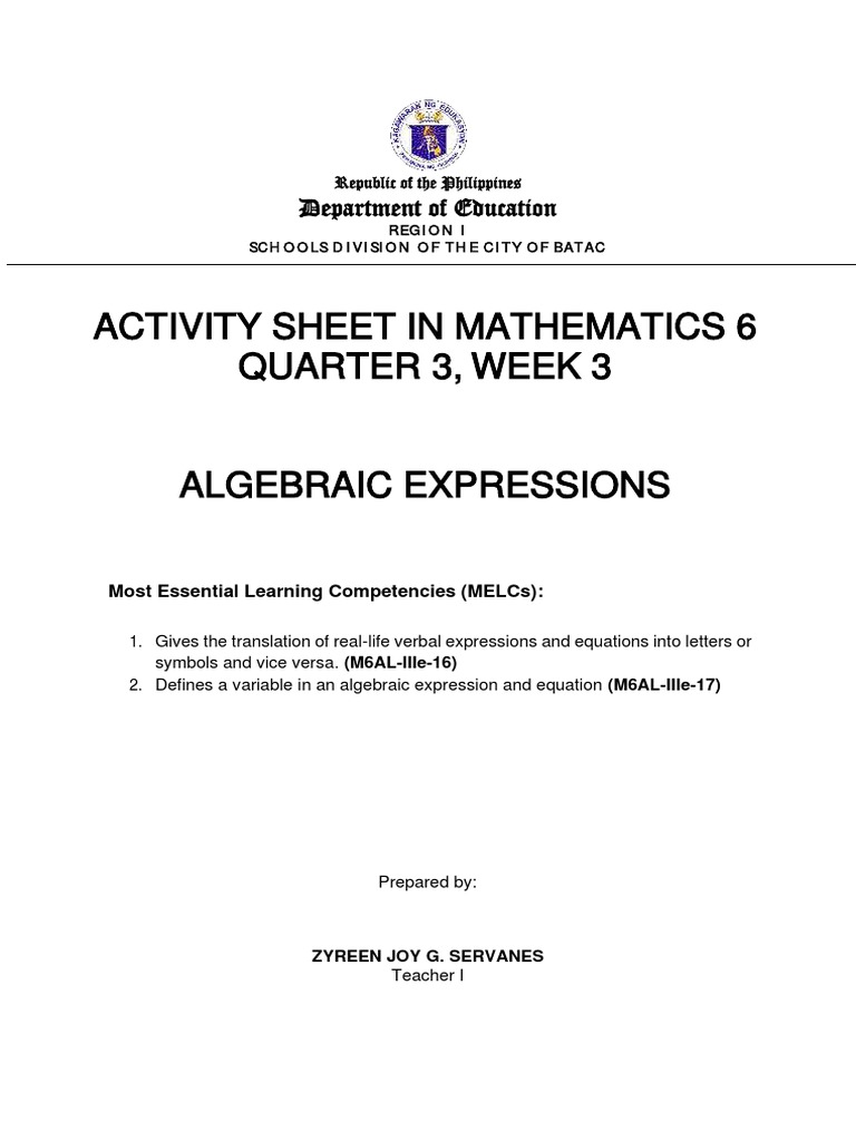 Math 6 - Q3 - W3 - FINAL | PDF | Variable (Mathematics) | Numbers
