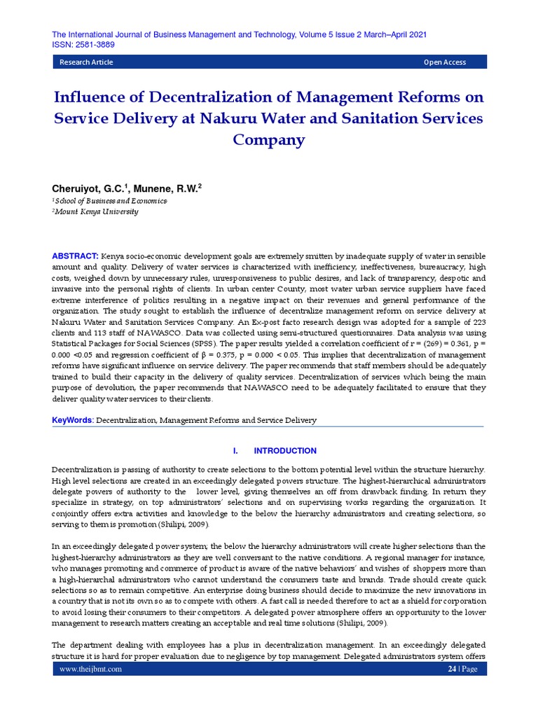 Influence of Decentralization of Management Reforms On Service Delivery at Nakuru Water and ...