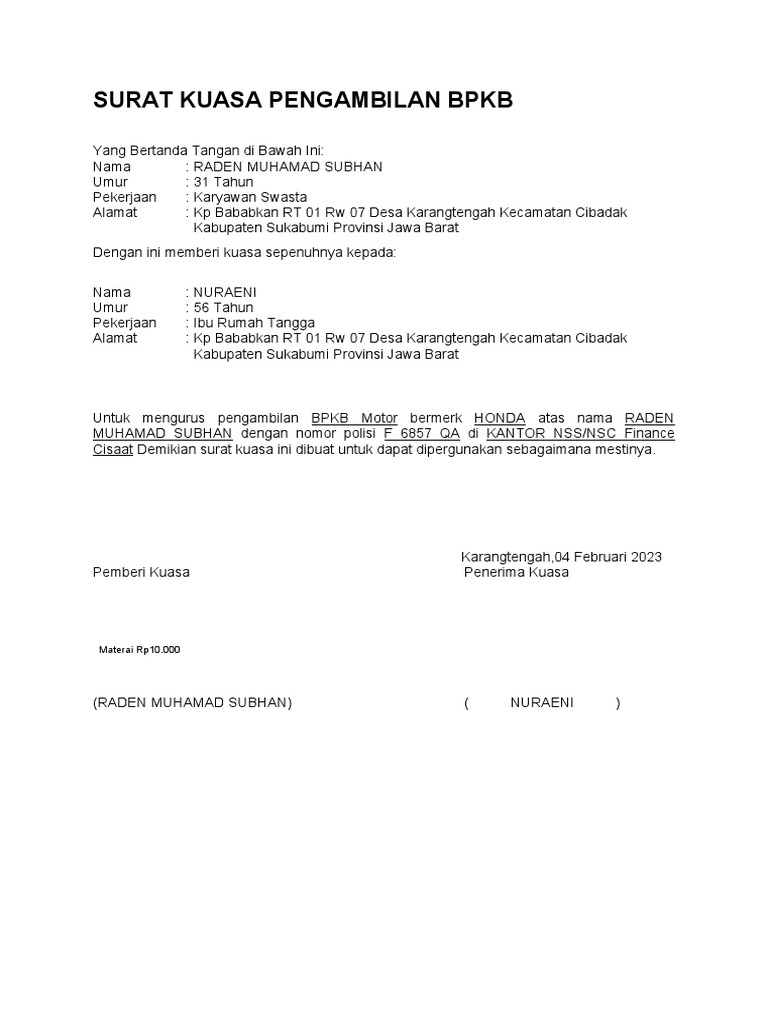 Surat Kuasa Pengambilan BPKB | PDF