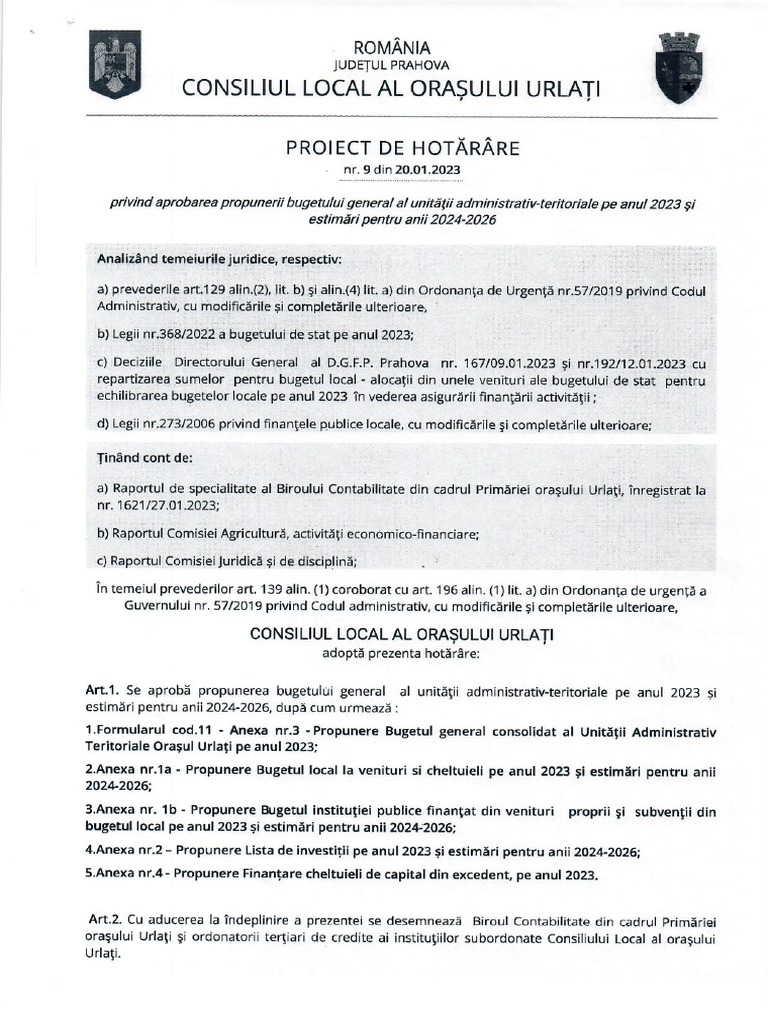 Proiect Hotarare Aprobare Buget UAT 2023 | PDF