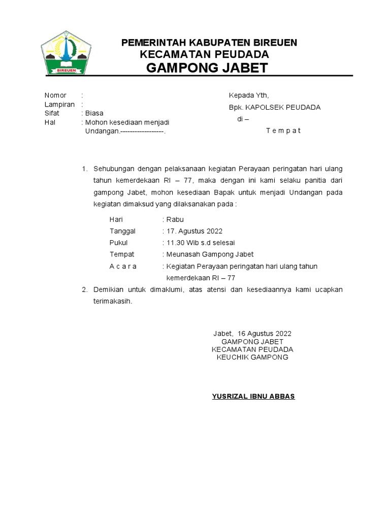 Undangan Perayaan HUT RI ke-77 di Jabet | PDF