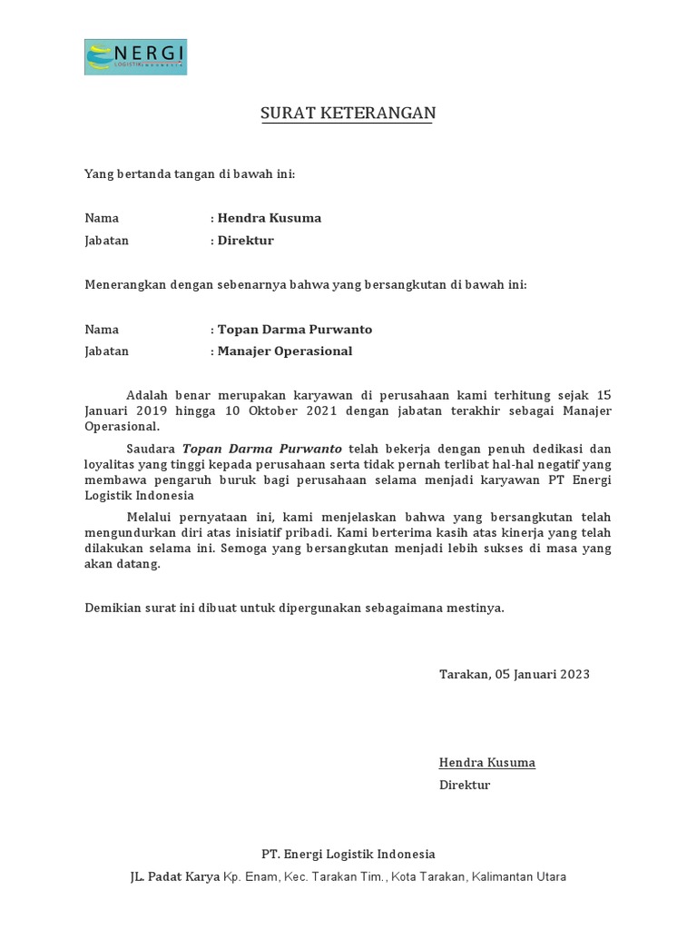 Surat Keterangan Kerja Karyawan | PDF