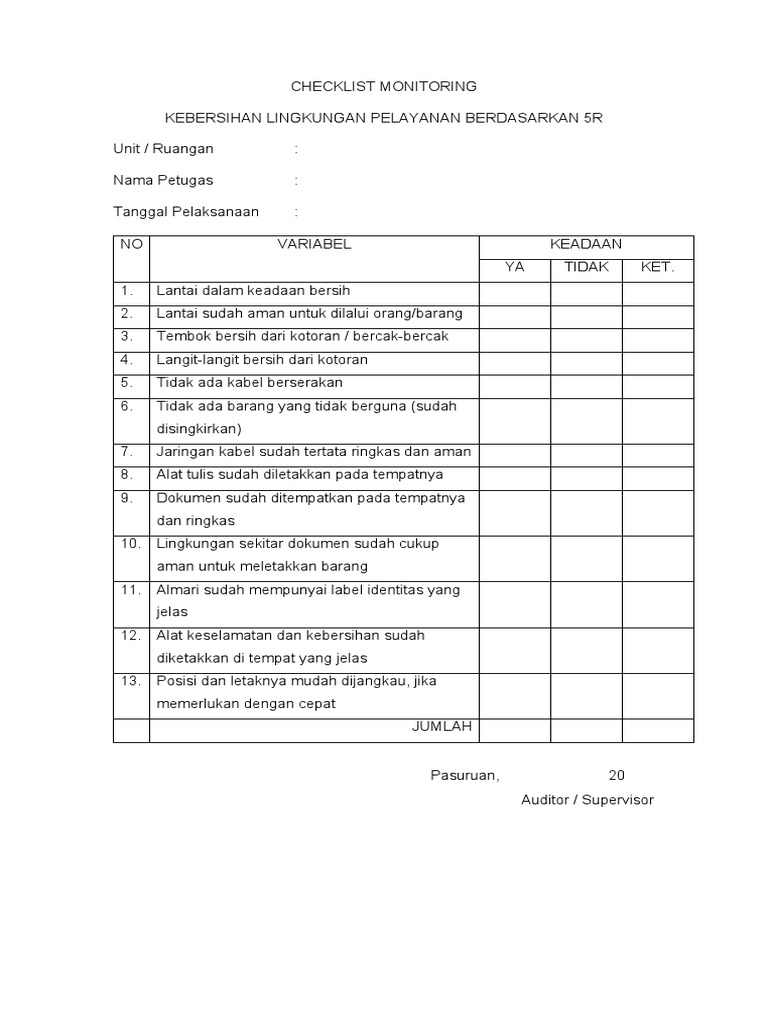 Checklist Monitoring Kebersihan 5R | PDF