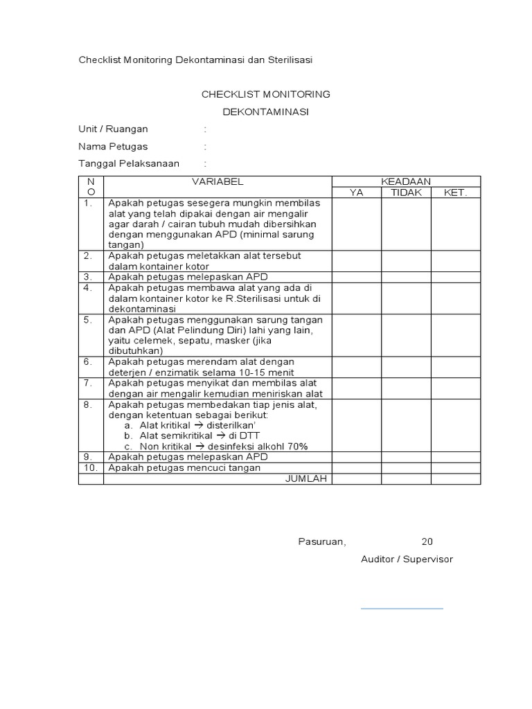 Checklist Sterilisasi dan Desinfeksi | PDF