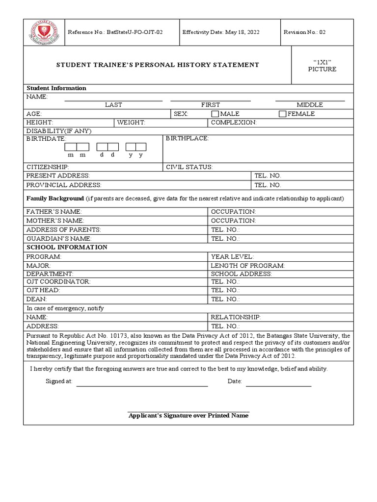 BatStateU-FO-OJT-02 - Student Trainee's Personal History Statement ...