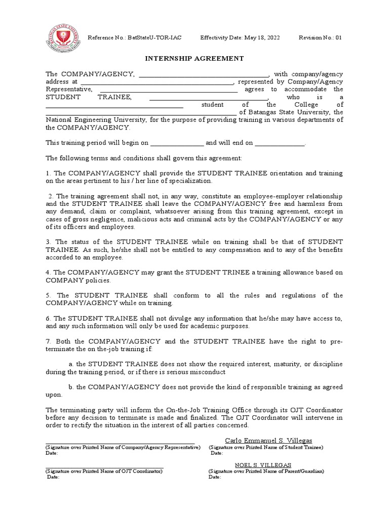 BatStateU-ToR-IAC Internship Agreement Rev. 01 | PDF | Government | Justice
