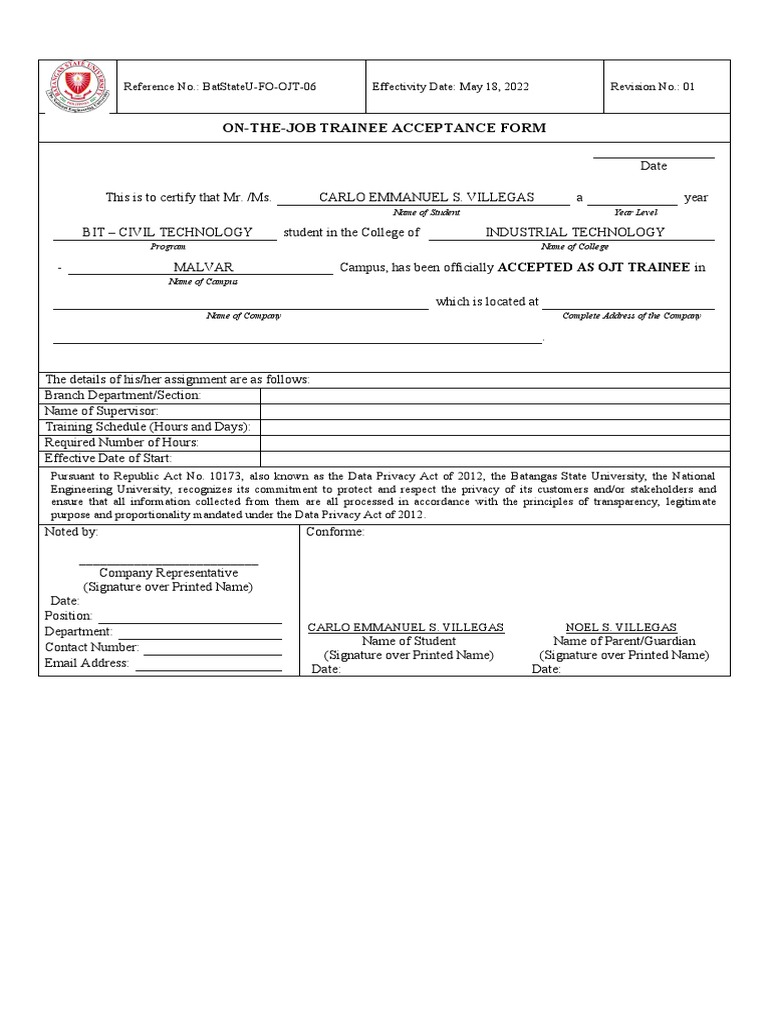BatStateU FO OJT 06 - On The Job Trainee Acceptance Form - Rev. 01 | PDF | Justice | Crime ...