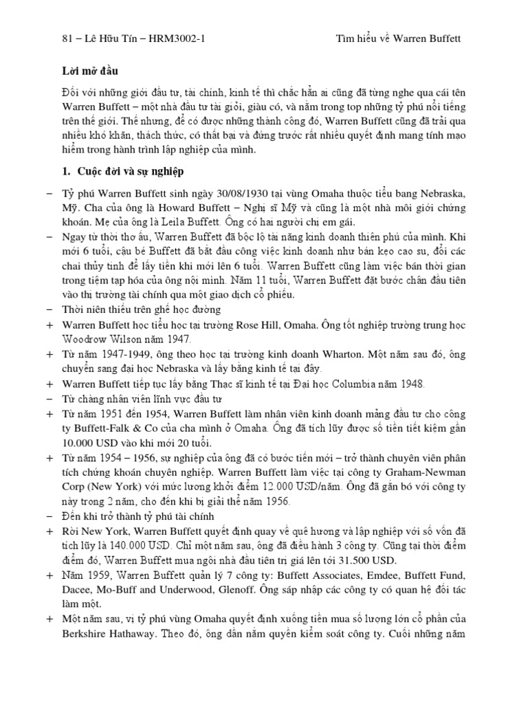 81 - Lê Hữu Tín - HRM3002 - 1 - Tìm Hiểu Về Warren Buffett | PDF
