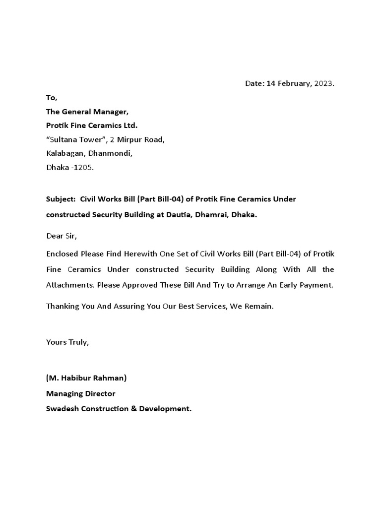 Cover Letter For Submission Bill | PDF | Finance & Money Management