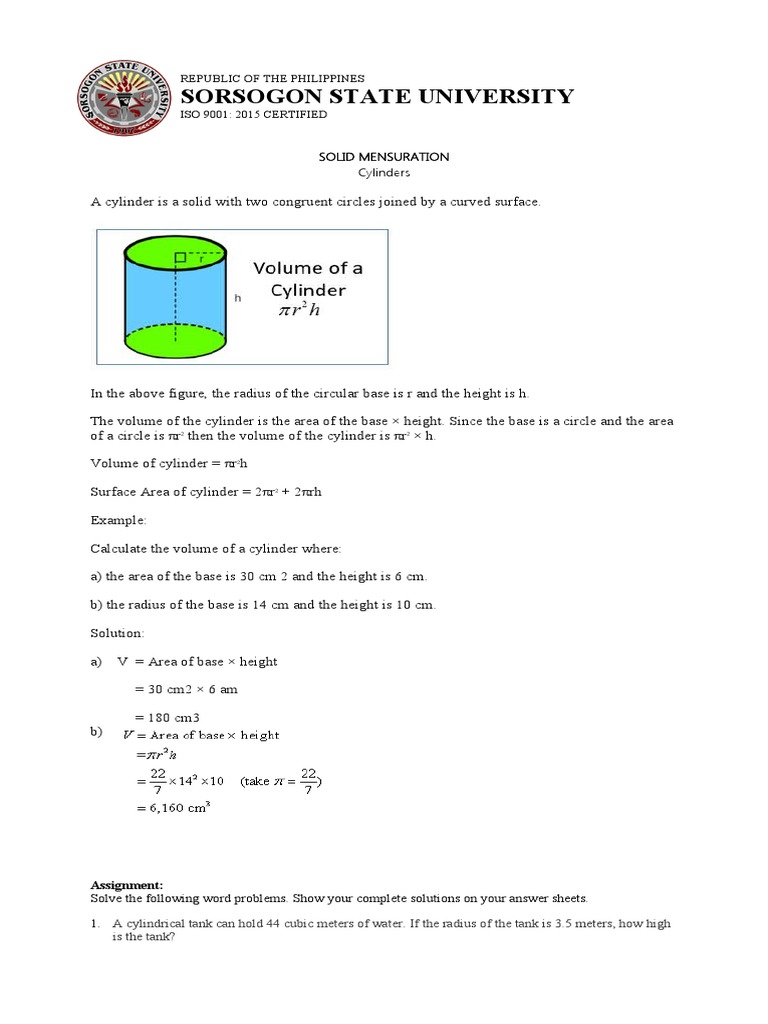 Cylinders - Solid Mensuration | PDF | Area | Volume