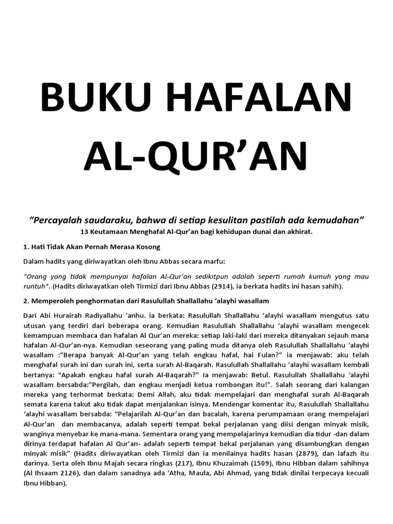 Buku Kartu Kontrol Hafalan Al Quran | PDF