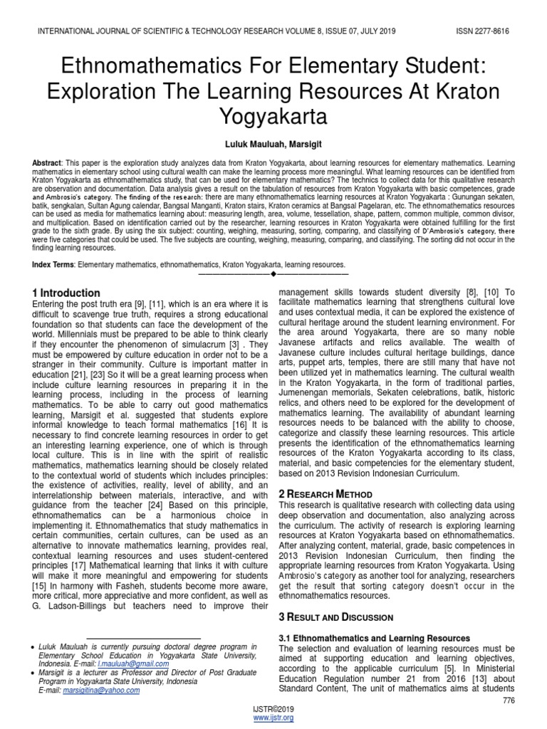 2019 Ethnomathematics For Elementary Student Exploration The Learning ...