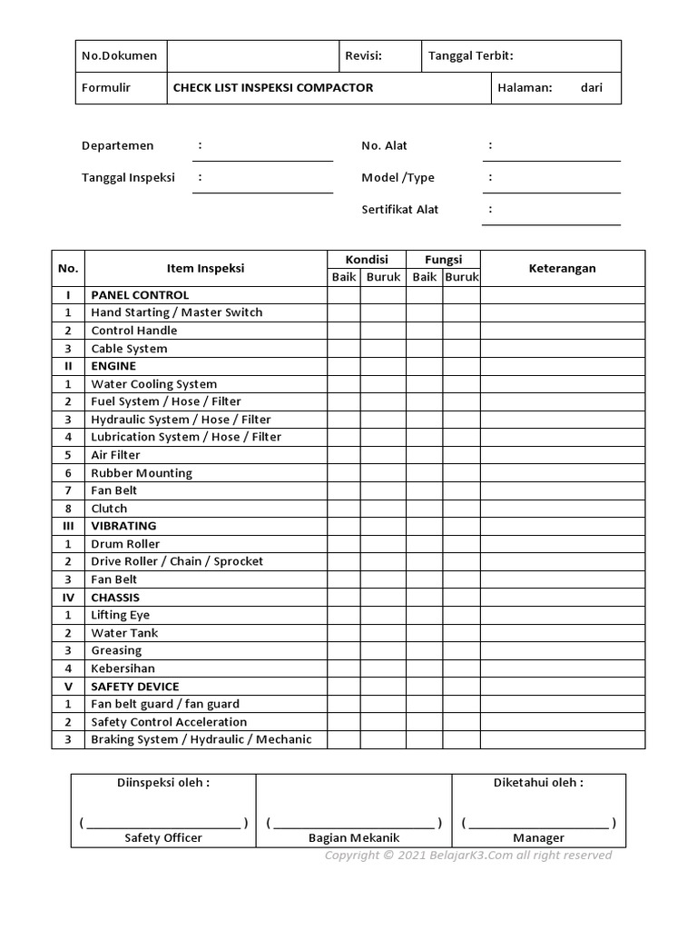 Form Check List Inspeksi Compactor | PDF