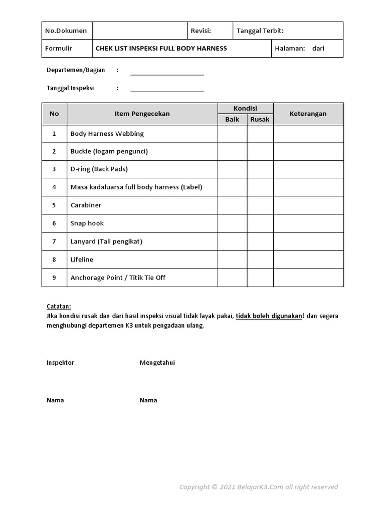 Form Check List Inspeksi Full Body Harness | PDF
