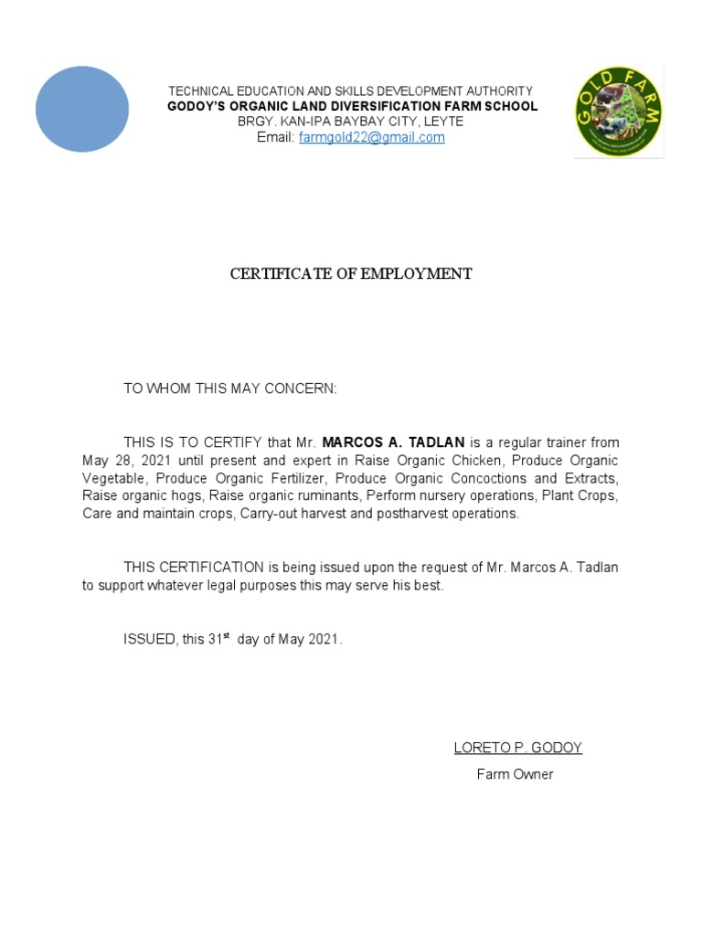 Certificate of Employment | PDF | Agriculture | Food Industry