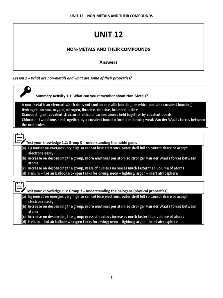 Unit 12 - Non-Metals and Their Compounds Answers | PDF | Chlorine ...