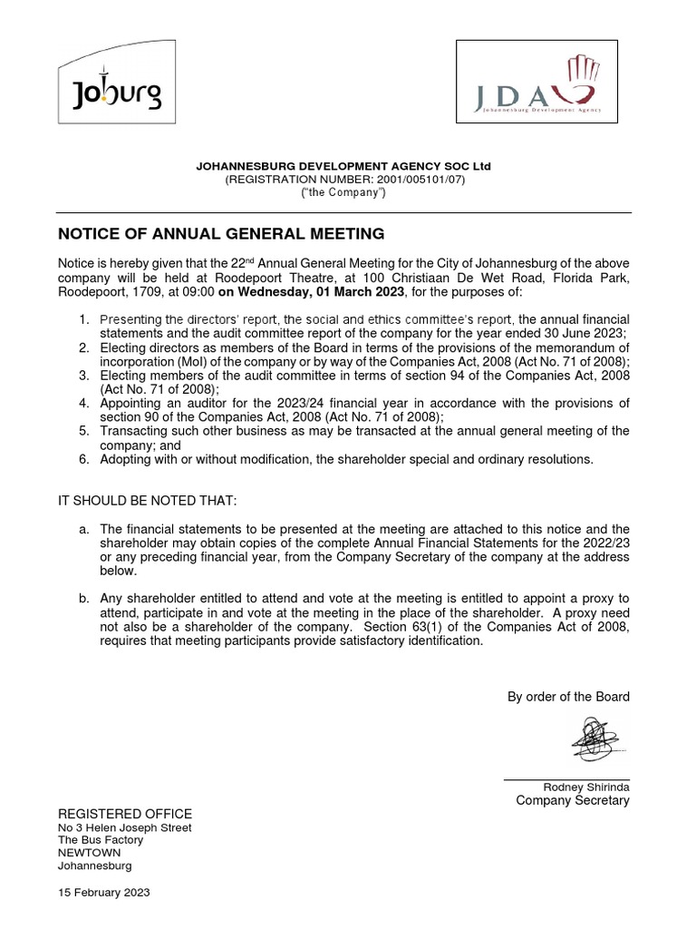 JDA - AGM Notice - 01 March 2023 | PDF | Business