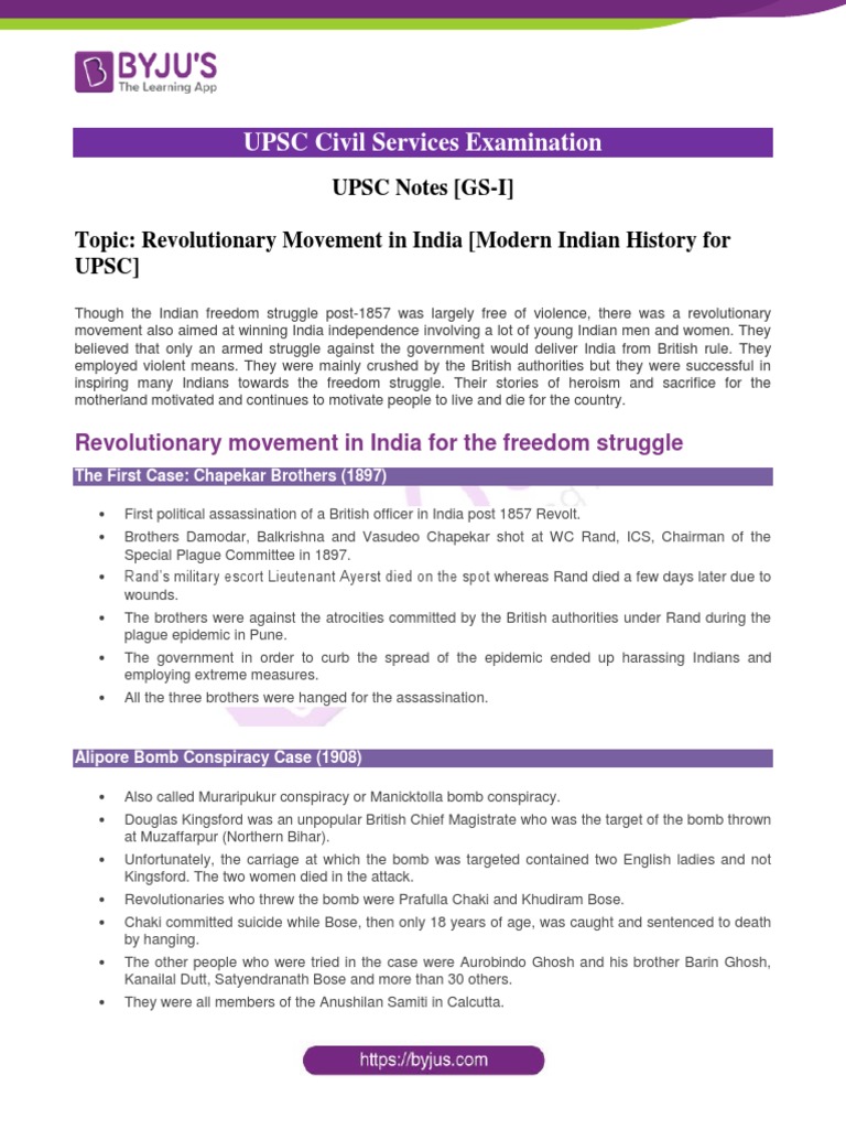 Revolutionary Movement in India NCERT Notes - 230209 - 204513 | PDF ...