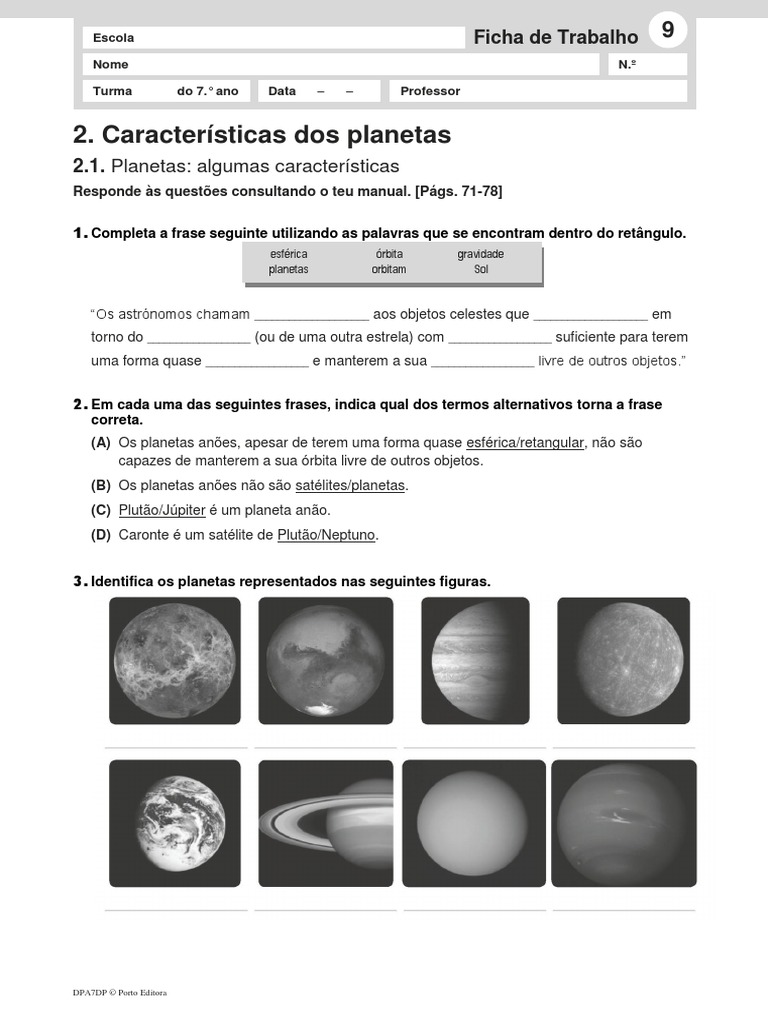 Ficha-Trabalho Planetas 7 | PDF | Planetas | Sol
