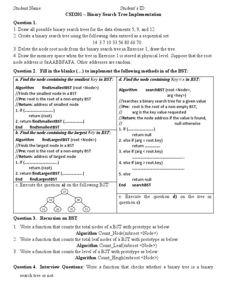 Csd201 Bst Implementation Pdf Algorithms And Data Structures Computer Science