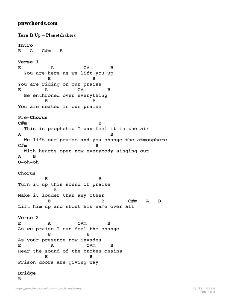 Turn It Up Chords - Planetshakers | PDF