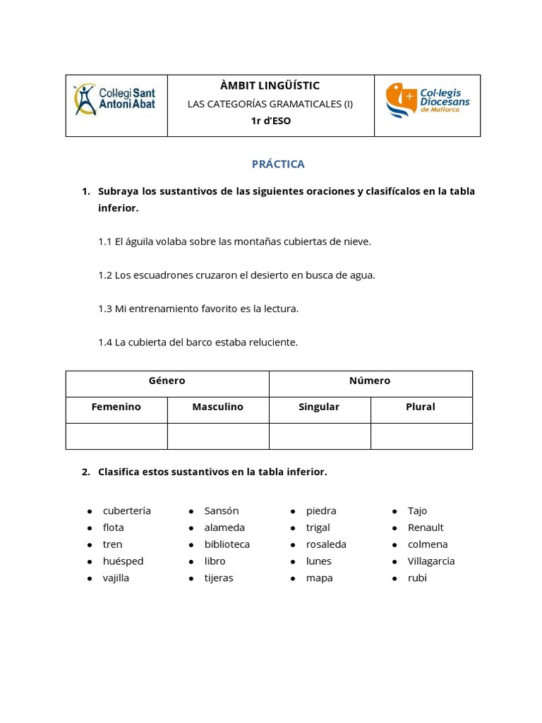 Còpia de 6. Las Cat. Gram. I. Práctica. Cast | PDF | Adjetivo | Verbo